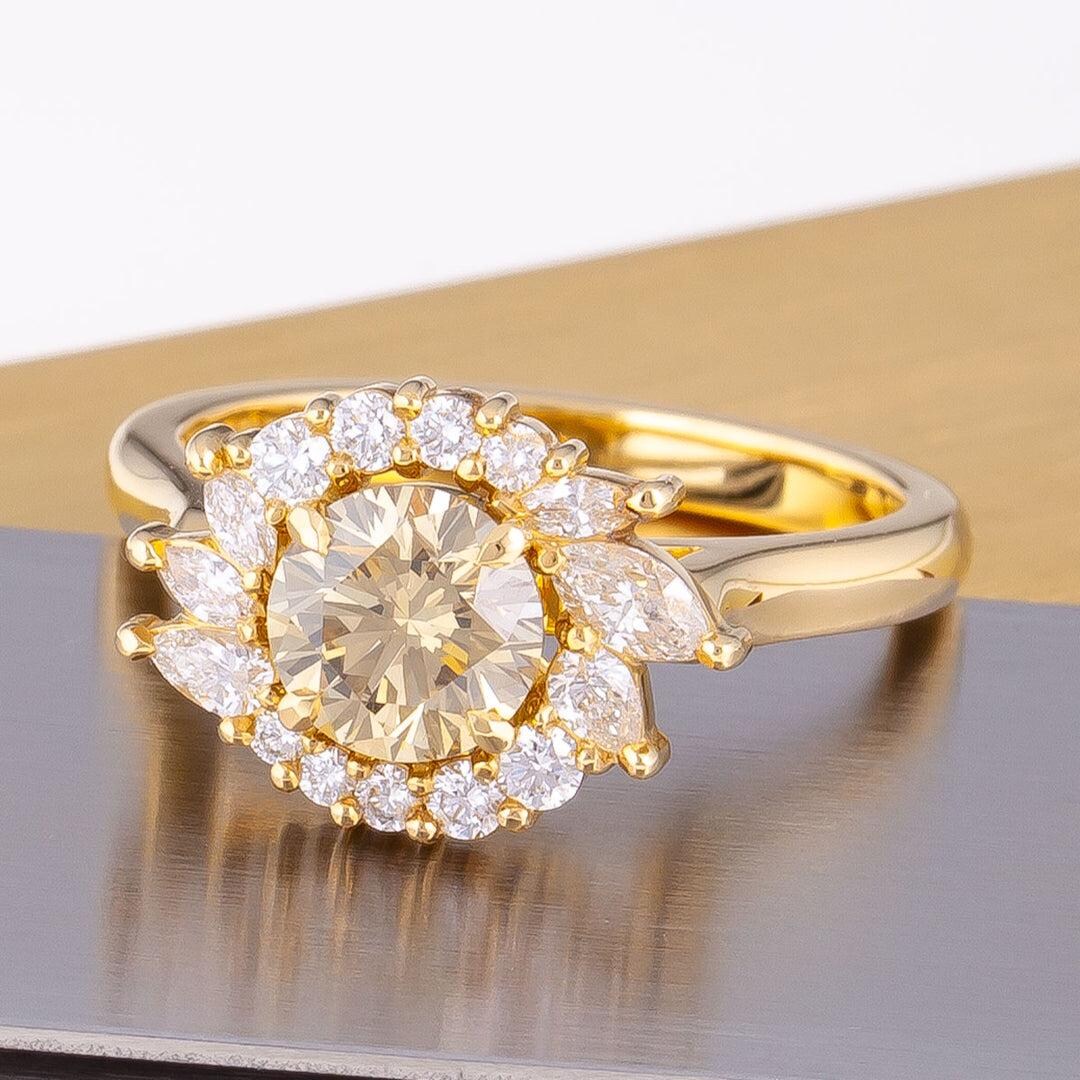 Champagne Moissanite Engagement Ring: Halo, Marquise & Pear Accents ...