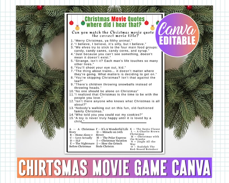 Christmas Movie Trivia Game Printable, Kids & Adults, Christmas Movie ...