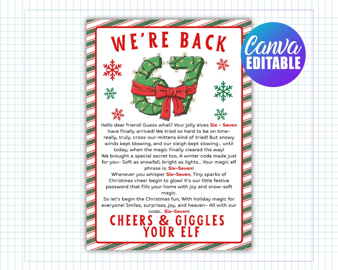 67 We're Back Elf Letter, Six Seven Trending Meme, Santa Elf 67 Sign ...