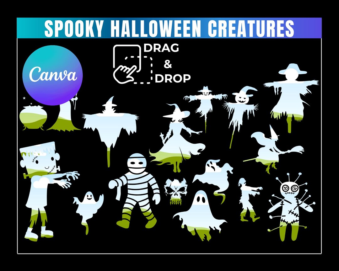 Spooky Halloween Creatures Canva Template, Scary Frame Bundle, Ghost ...