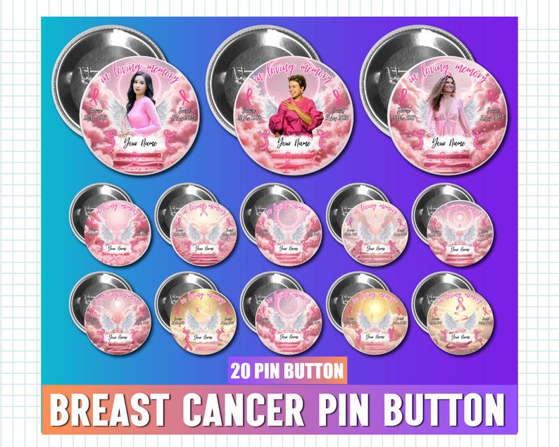20 Breast Cancer Ribbon Memorial Pin Button Bundle, Editable Memorial ...