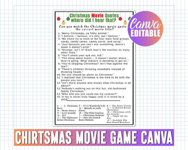 Christmas Movie Trivia Game Printable, Christmas Party Games, Kids ...