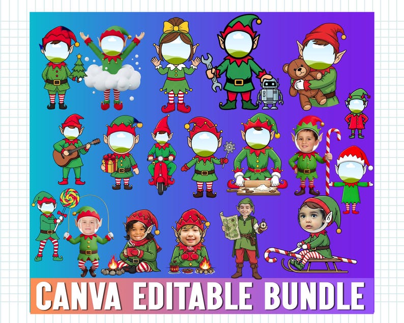 30 Christmas Photo Frames Canva, DIY Elf Yourself PNG Bundle, Elf Face ...
