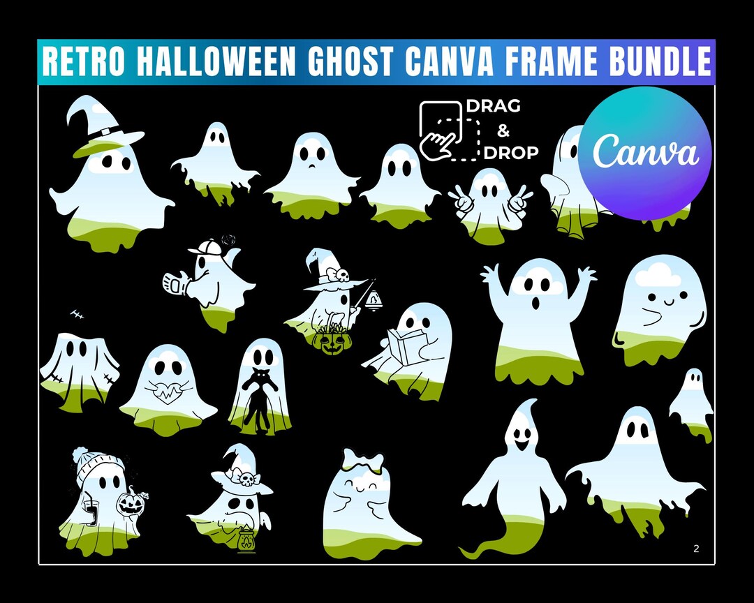 Retro Halloween Ghost Canva Template, Vintage Spooky Frame Bundle, Cute ...