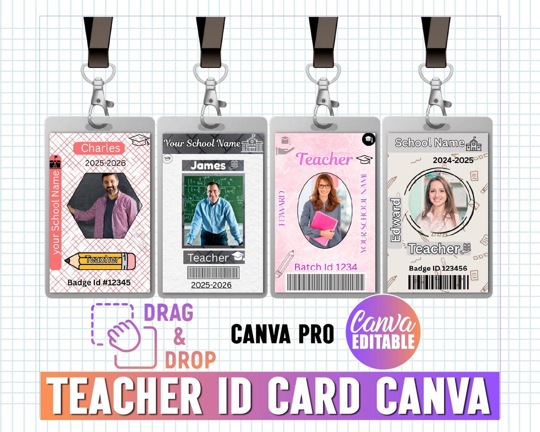 Editable Teacher ID Badge Template, Teacher ID Cards Editable Canva ...