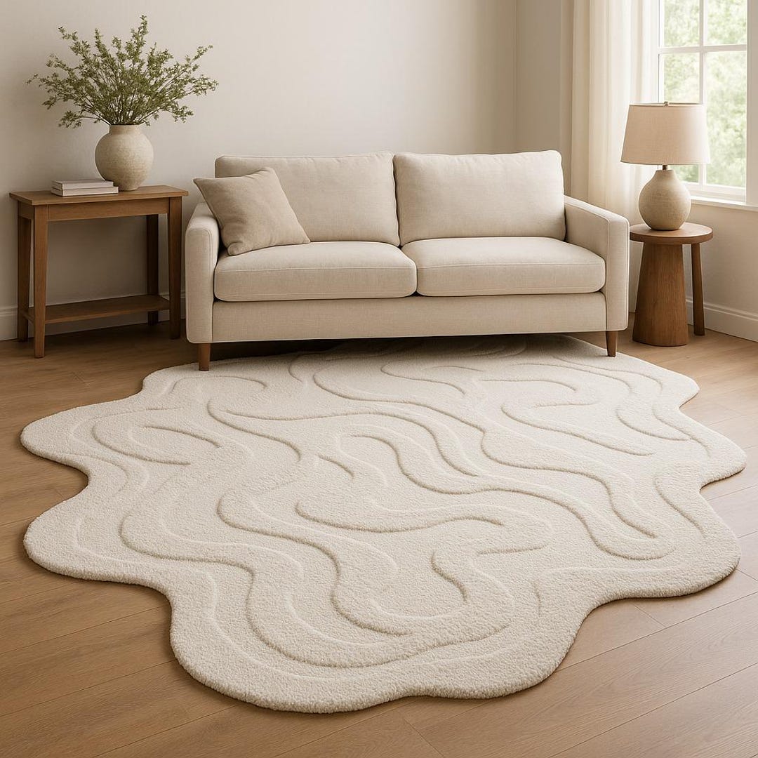 Hand-tufted Wool Rug | Modern Wavy Beige Area Rug - Etsy