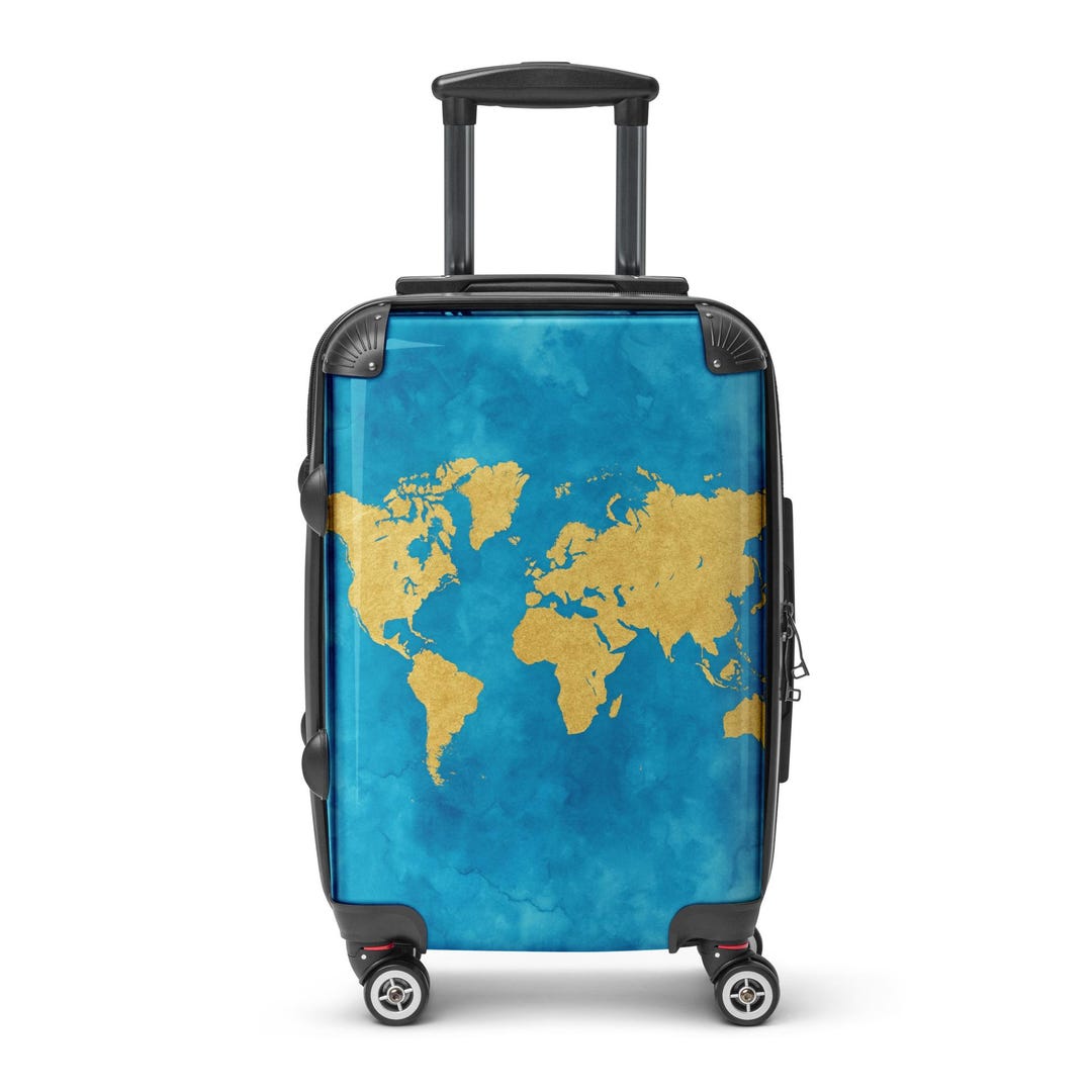 Elegant World Map Blue Watercolor Travel Suitcase – Golden Global Map ...