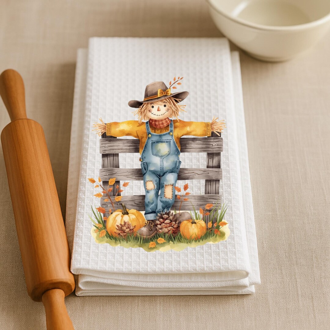 Rustic Farmhouse Fall Tea Towel – Watercolor Scarecrow With Fence ...