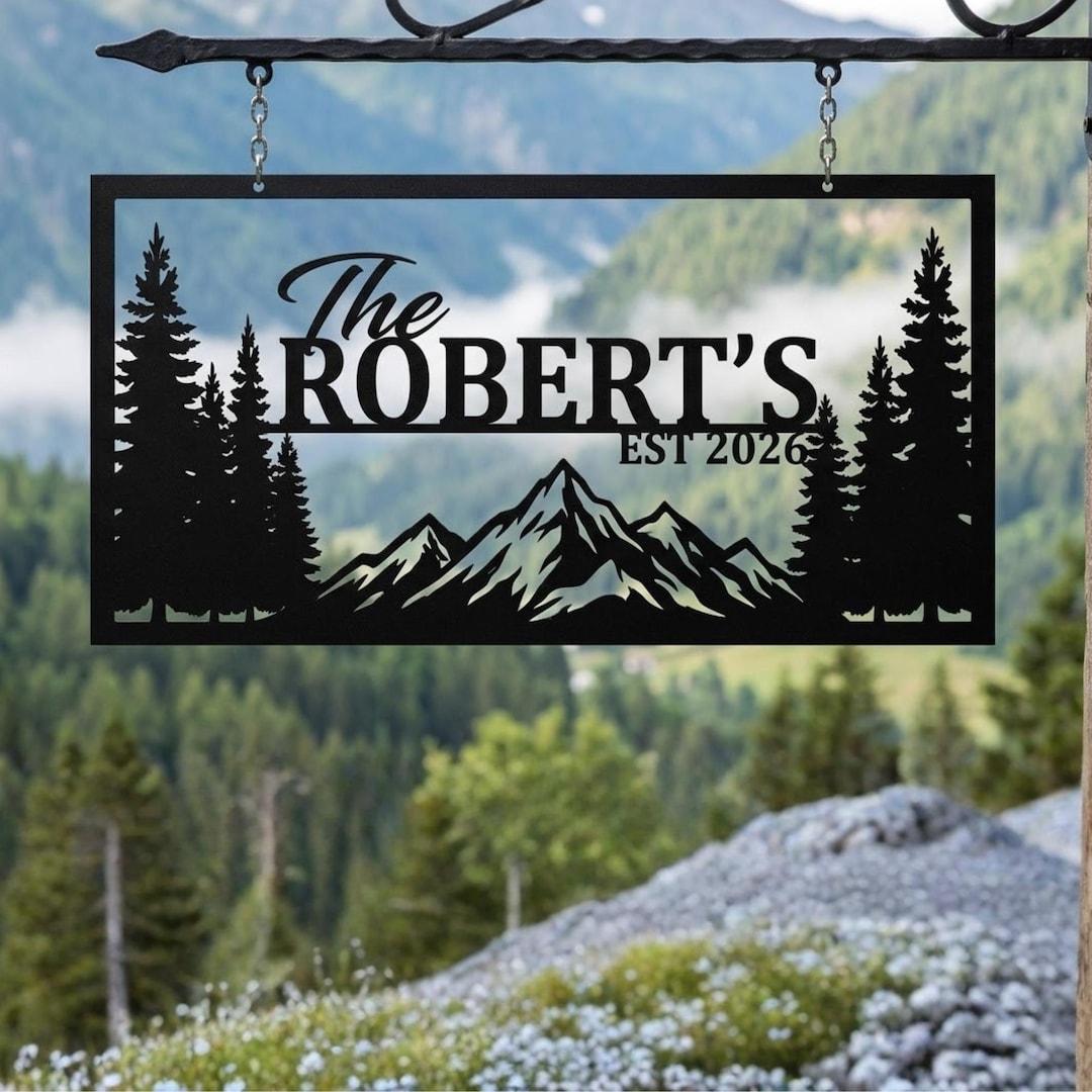 Personalized Mountain Metal Sign, Custom Family Name Cabin Sign, Forest ...