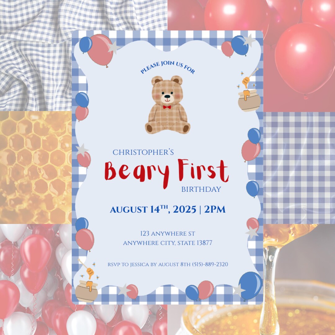 Beary First Birthday Invitation Template | Baby Boy's First Birthday ...