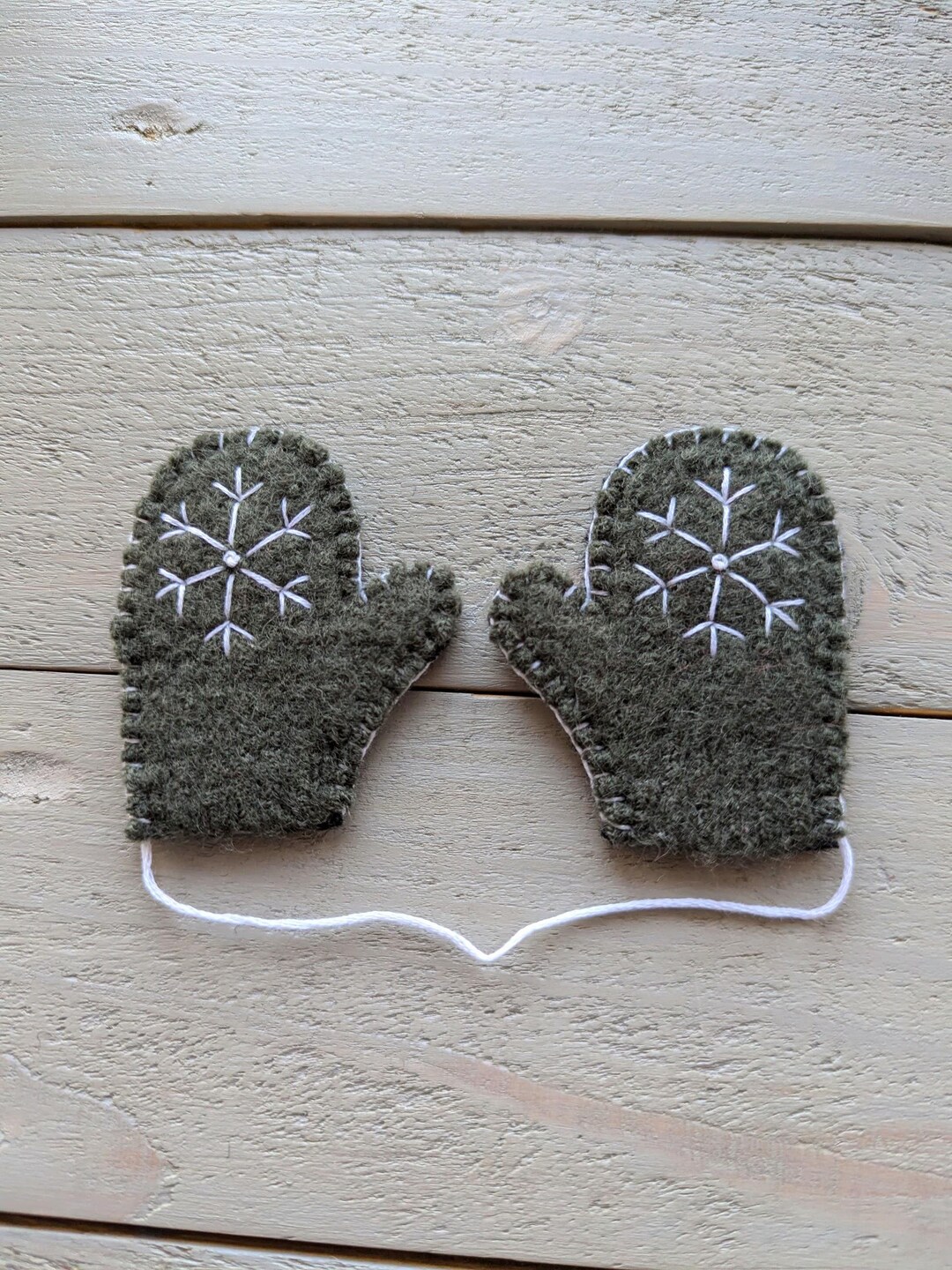 Sage Green and White Tiny Mittens Ornament - Wool Felt - Embroidered ...