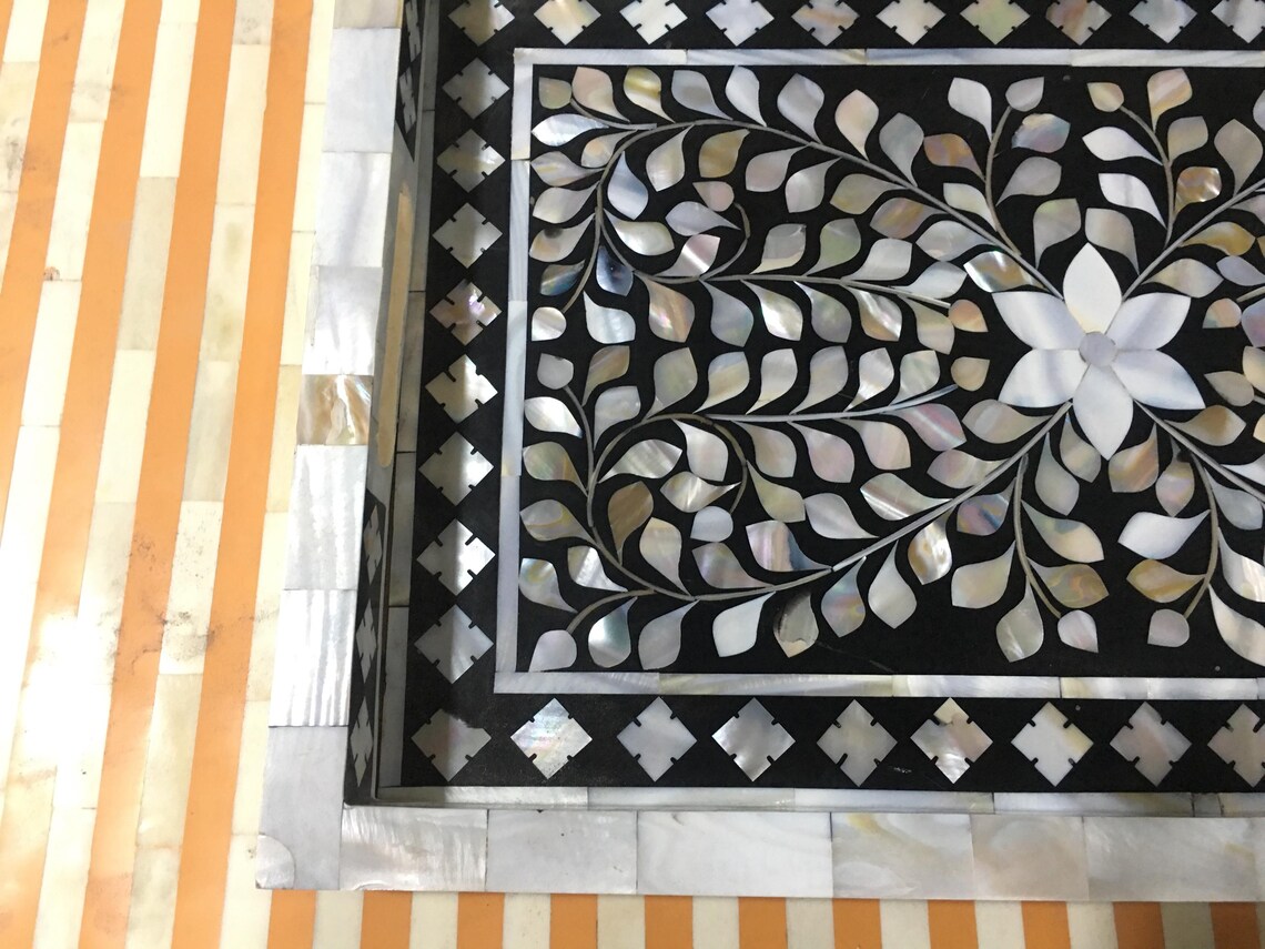 Mother of Pearl Inlay Serving Tray: Black Floral Indian Accent Tray - Etsy