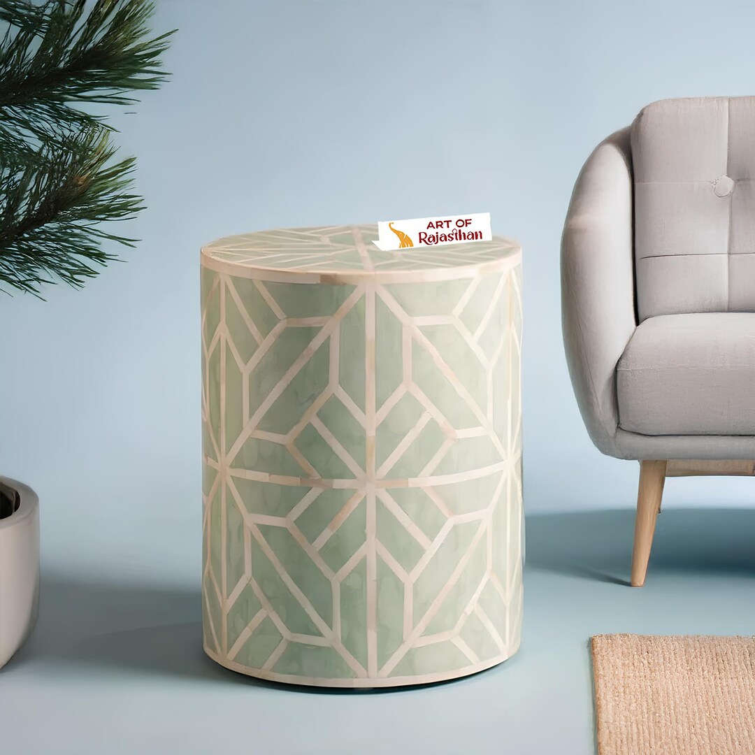Teal Green Bone Inlay Drum Table: Handmade Floral Accent, Boho ...