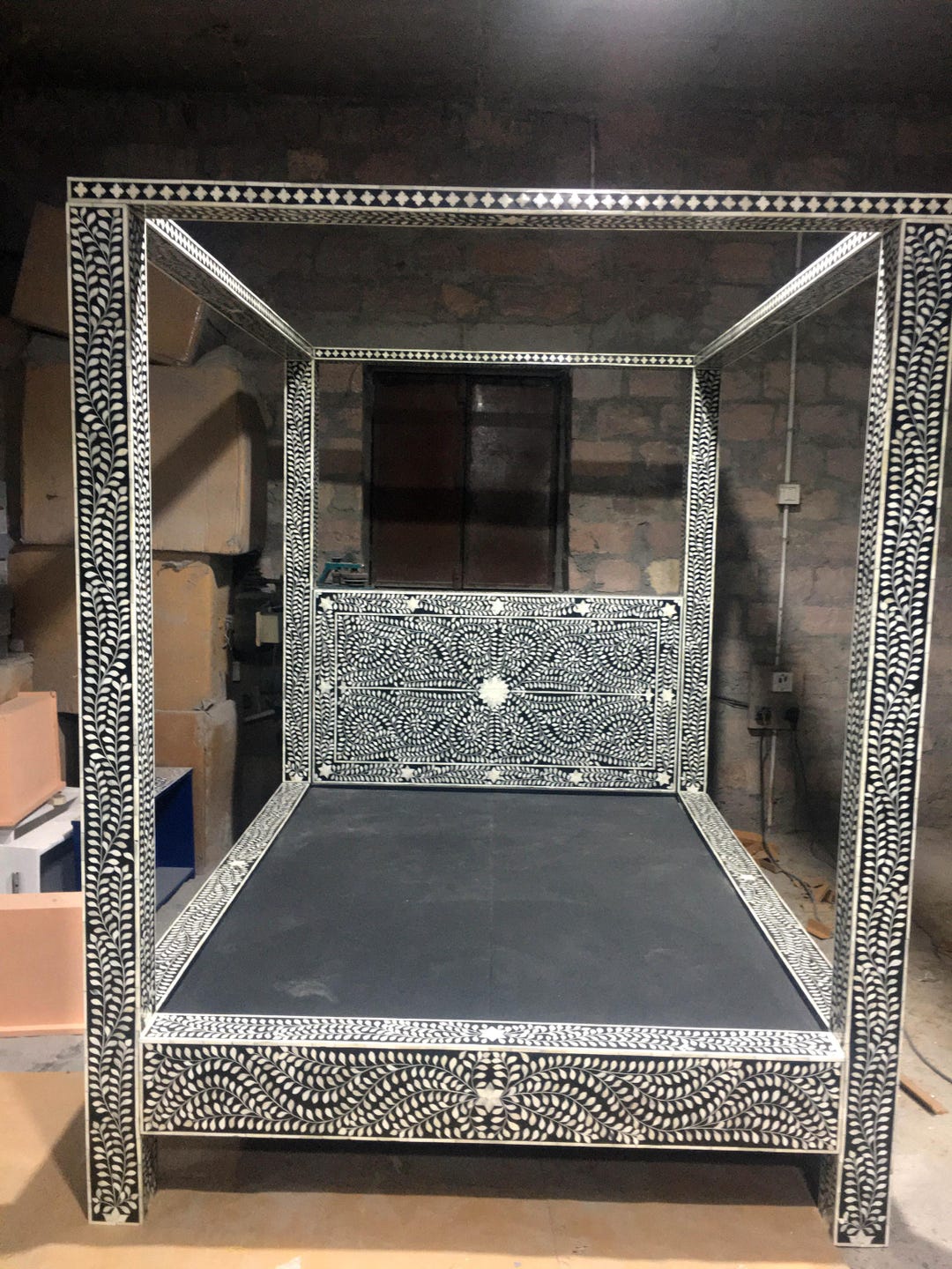 Handcrafted Bone Inlay Bed: Black Floral Design, Indian Artistry - Etsy
