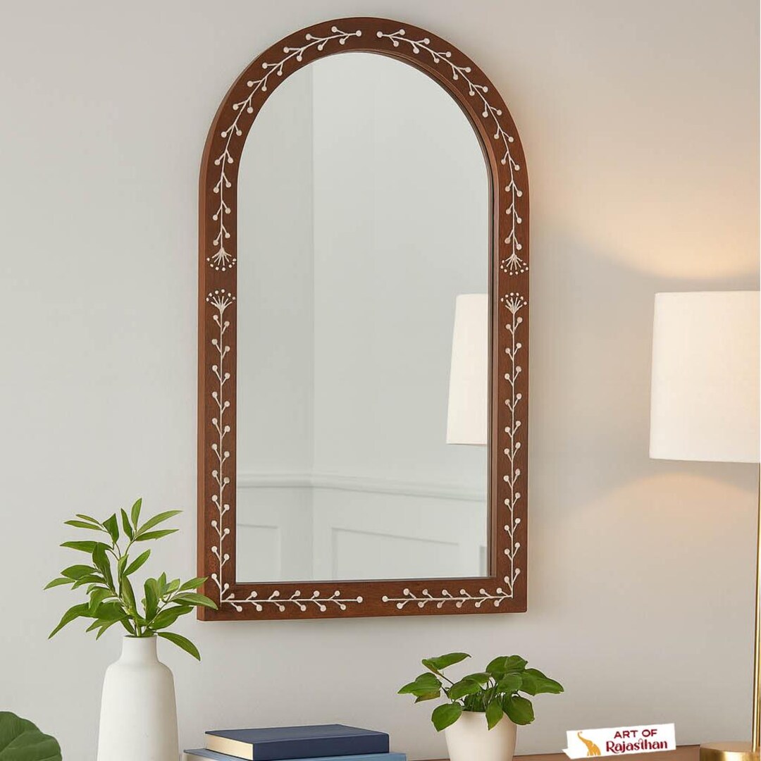 Handcrafted Brown Wood Arch Wall Mirror | Floral Inlay Design - Etsy
