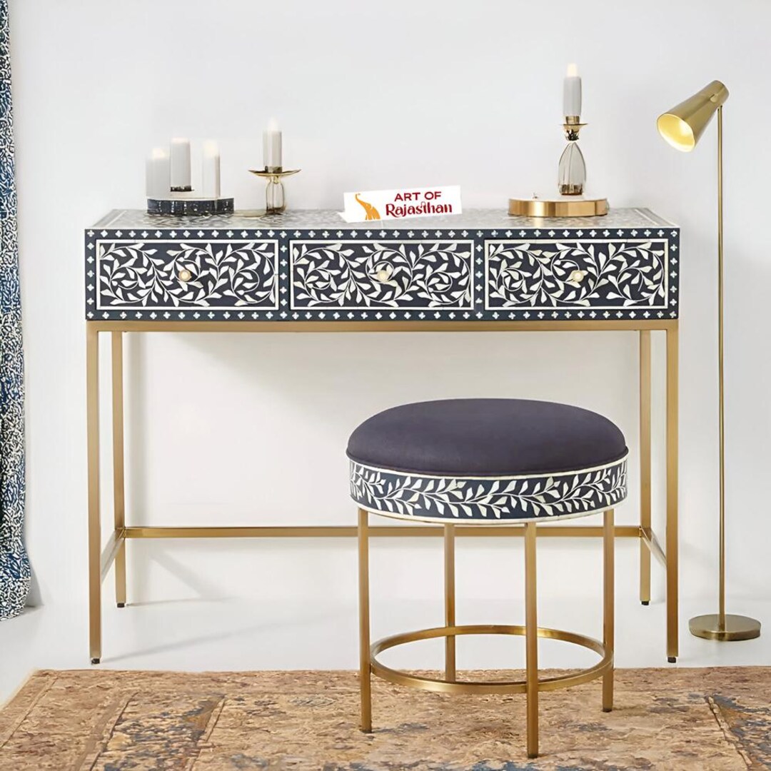 Floral Bone Inlay Console Table With Ottoman: Handmade Indigo Entryway ...