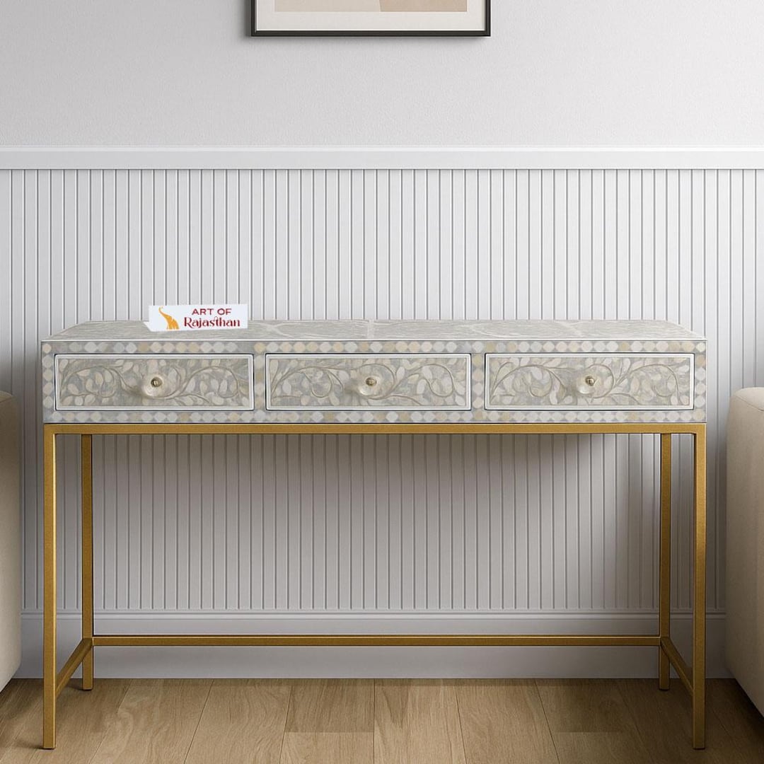 Mother of Pearl Inlay Console Table: Handmade Floral Desk With Brass ...