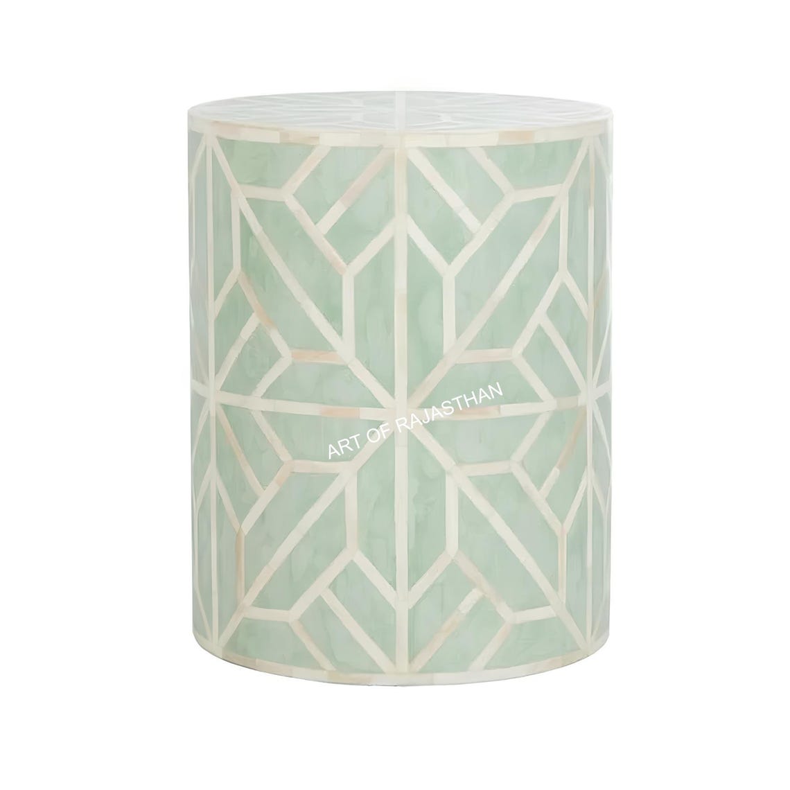 Teal Green Bone Inlay Drum Table: Handmade Floral Accent, Boho ...