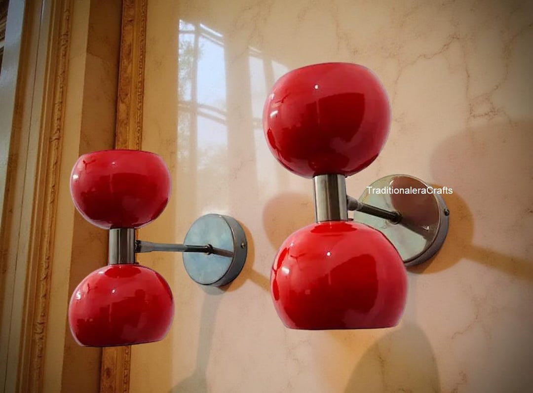 Retro Mid-century Italian Diabolo Wall Lights – Red & Brass Sconce Set ...