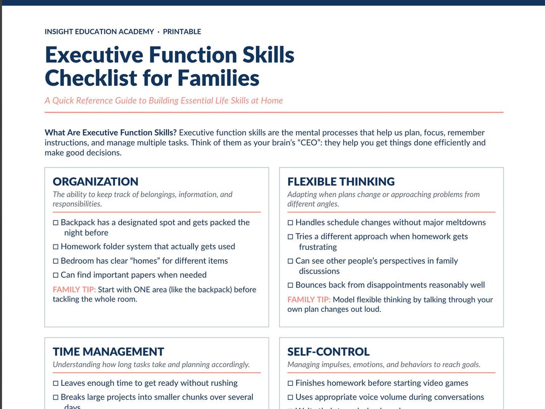 Executive Function Skills Checklist for Families, ADHD Organization ...