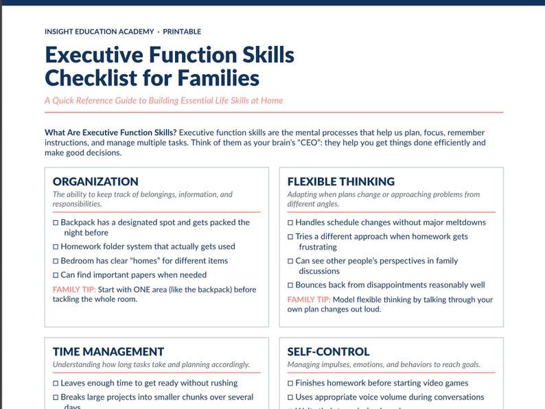 Executive Function Skills Checklist for Families, ADHD Organization ...