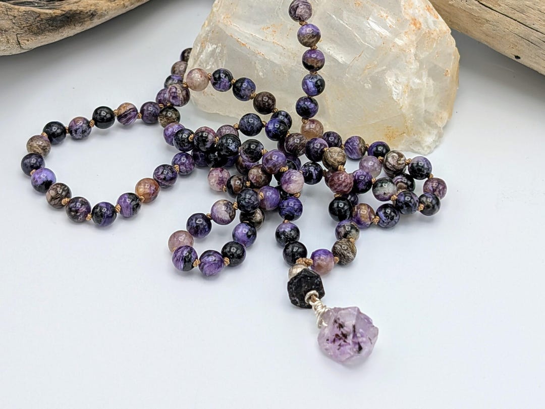 Pink and Purple Charoite Mala Necklace With Super 7 Amethyst Crystal ...