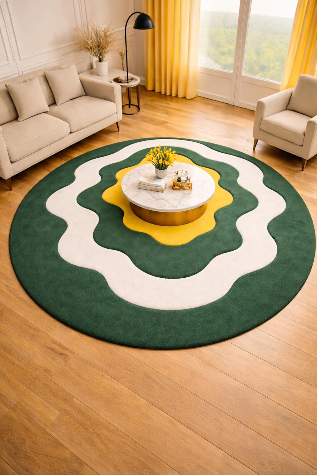 Hand Tufted Wool Round Rug, Abstract Green Cream Yellow Organic Design ...