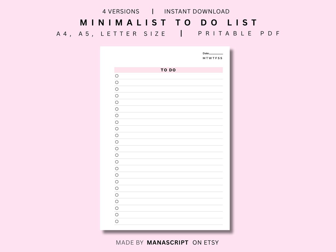 Minimal to Do List Pink Printable, Simple Tasks List Template, A4/a5 ...
