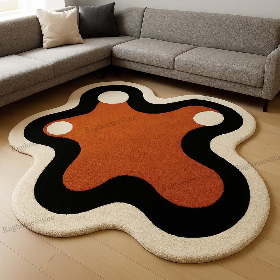 Burnt Orange, Black & White, Organic Shape Modern Abstract Blob Rugs ...