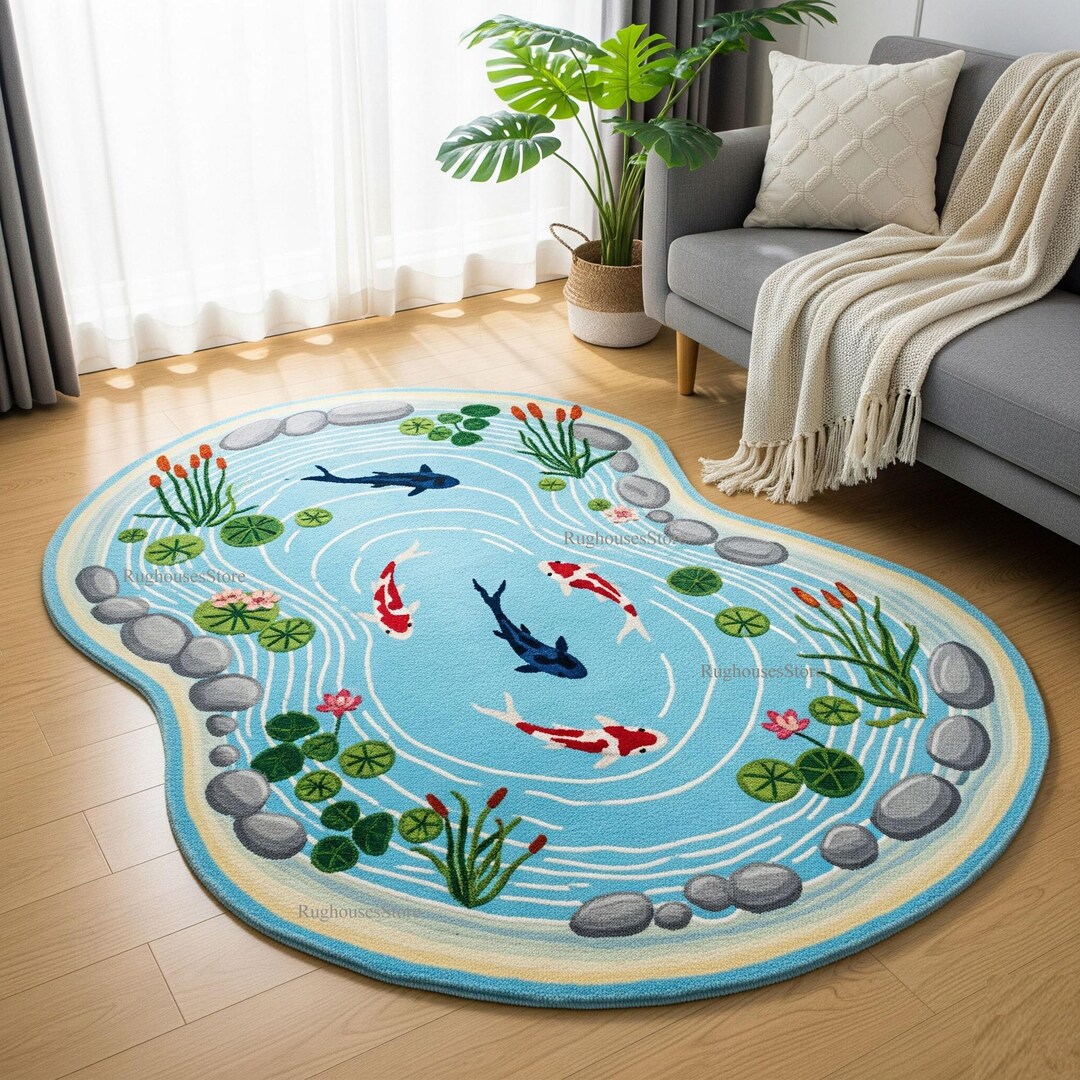 Hand-tufted Wool Rug, Koi Pond Area Rug | Nature-inspired Water Garden ...