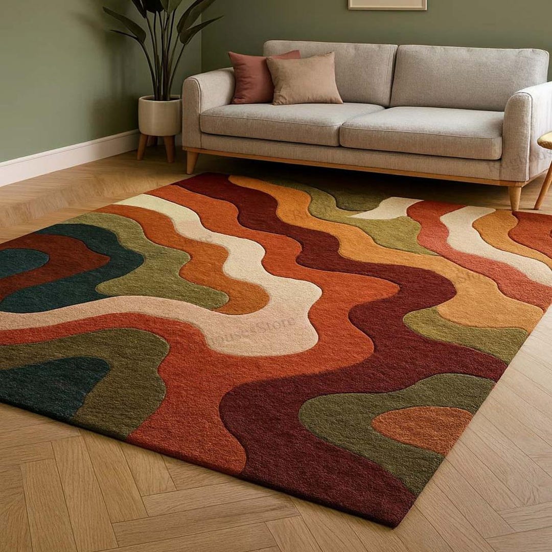 Retro Wave Wool Area Rugs Mid Century Modern Colorful Rug Abstract Wavy ...