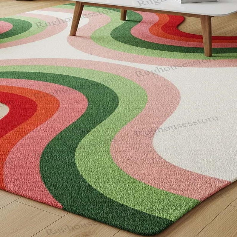 Irregular Shape Wool Carpet Green Red & Pink Swirl Modern Area Rug for ...