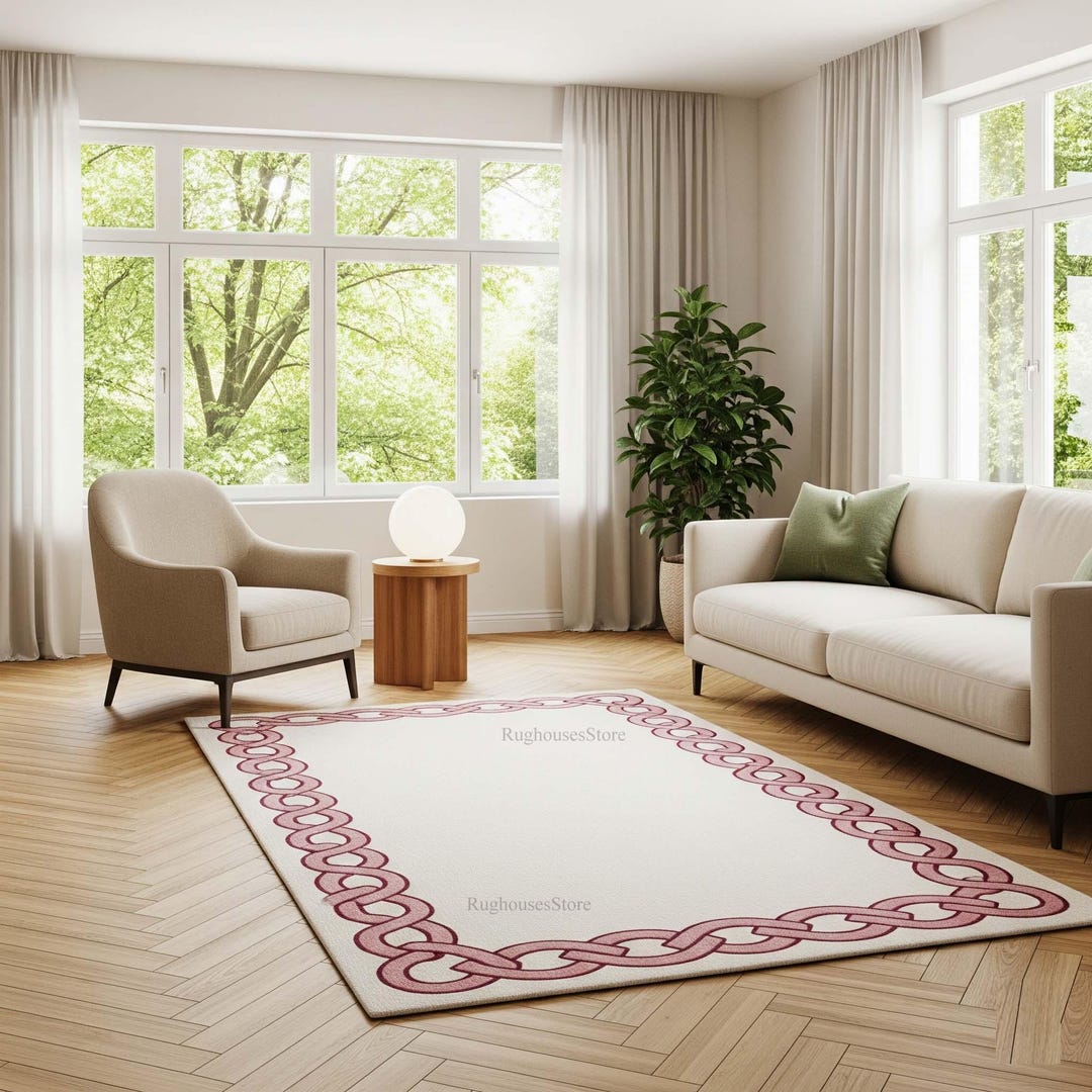 Handmade Tufted Pink Chain Border Rug Elegant Cream Area Rug Modern ...