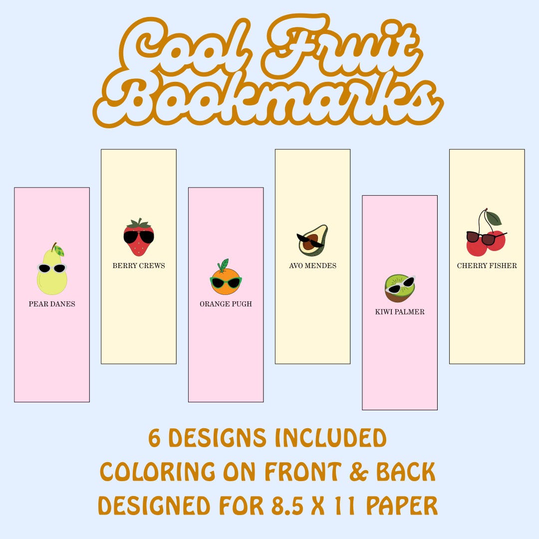 NEW Cool Fruit Cute Downloadable Bookmarks for Print 2x6 Set of 6 - Etsy