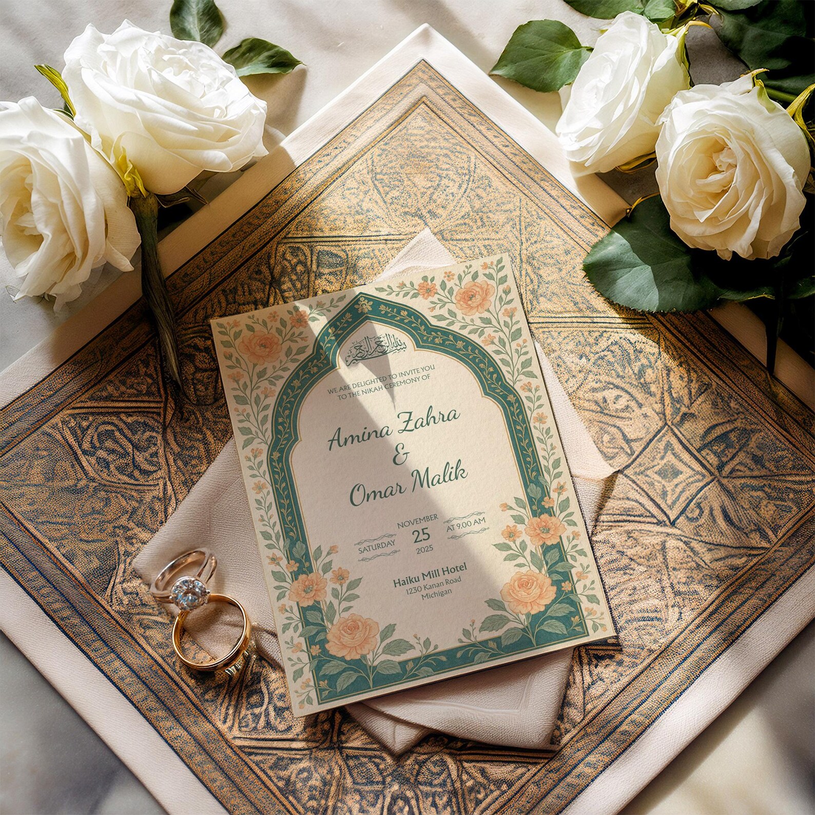 Editable Muslim Nikah Invitation Template | Orange Floral Islamic ...