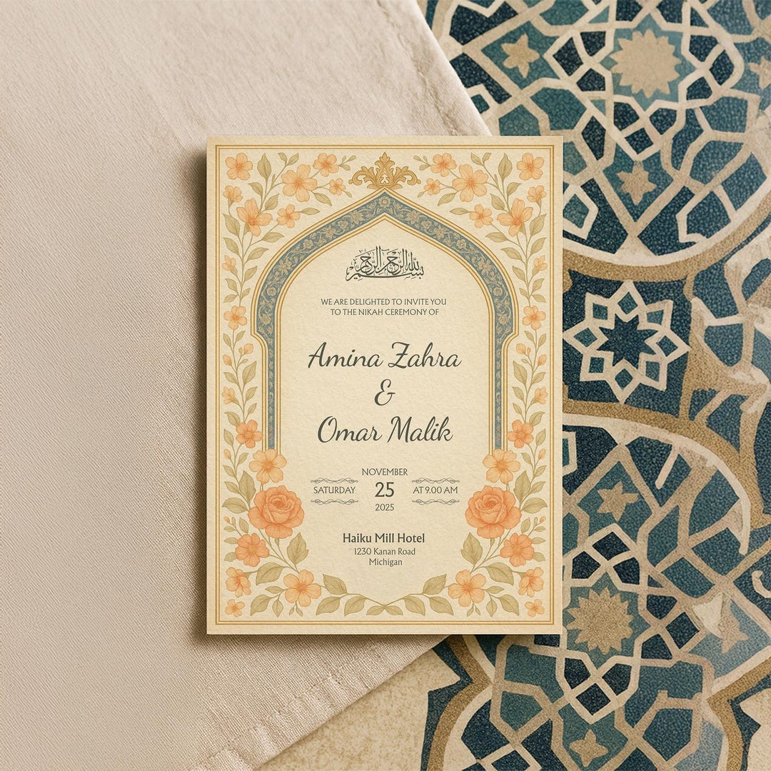 Editable Muslim Wedding Invitation Template | Printable Orange Floral ...