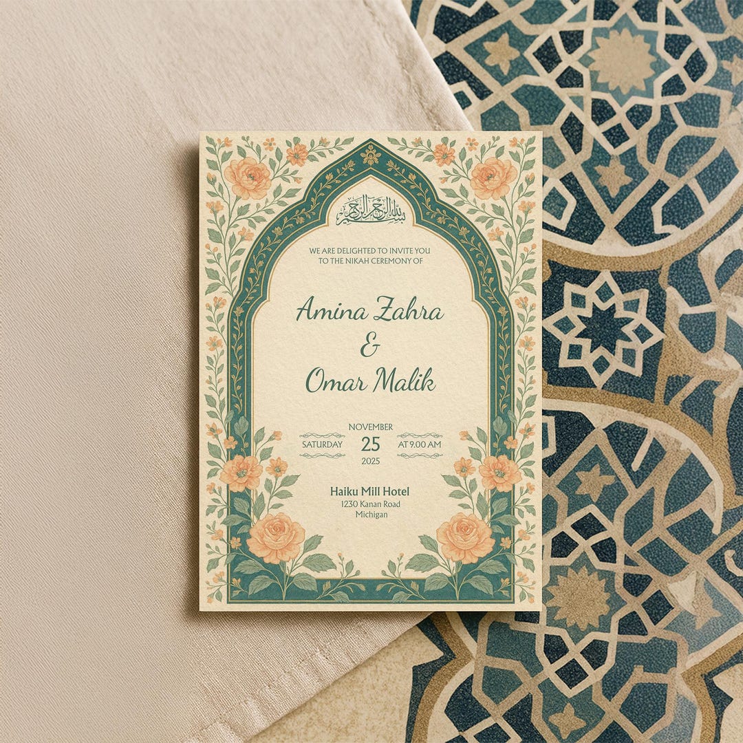 Orange Floral Muslim Nikah Invitation: Printable Islamic Wedding ...