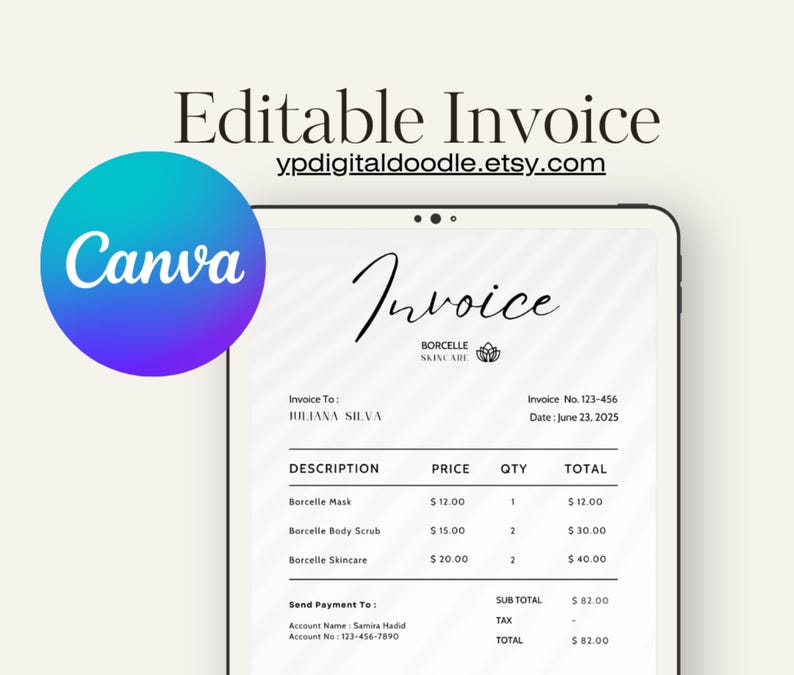 Editable Invoice Template: Modern Small Business Form (canva, Instant ...