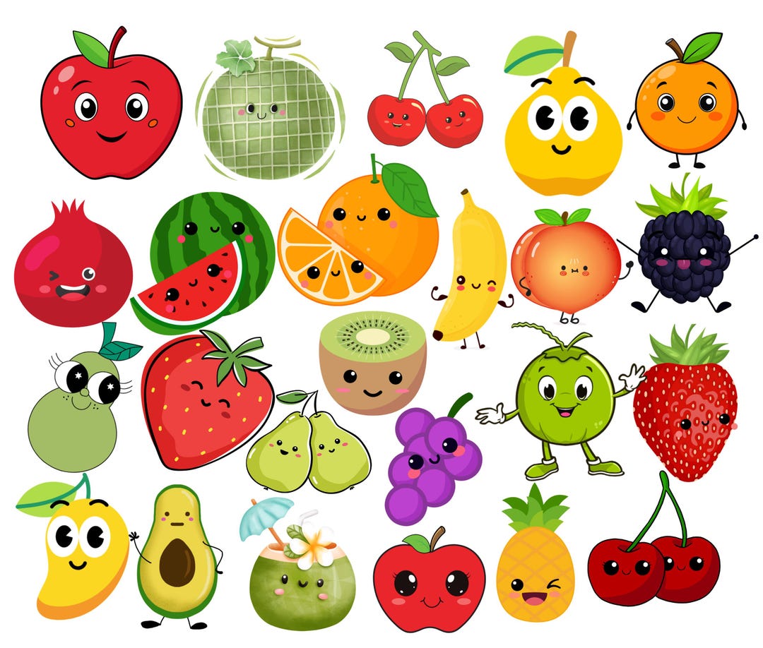 Pacchetto di clipart di frutta kawaii: frutta estiva ad acquerello PNG ...