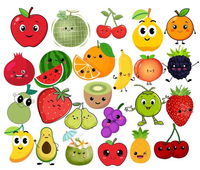 Kawaii Fruits Clipart Bundle: Watercolor Summer Fruit PNG (digital ...