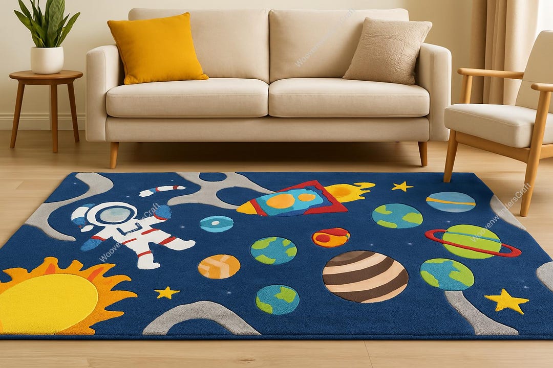 Hand-tufted Wool Kids Rug, Blue Galaxy, Astronaut & Planets - Etsy