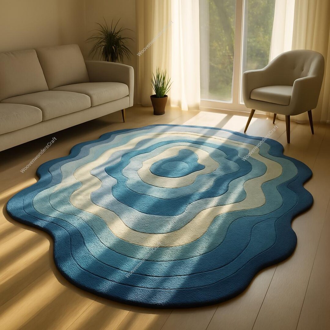 Ocean Blue Wave Irregular Area Rug, Handmade Wool Tufted Rug, Ivory ...