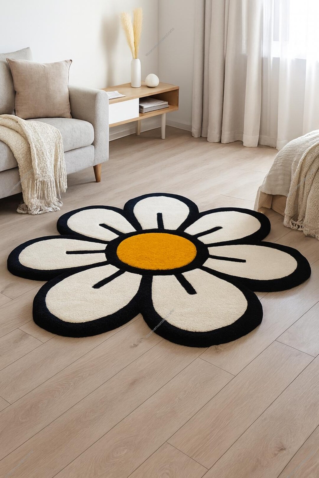 Handmade Wool Daisy Rug | White & Yellow Floral Carpet - Etsy