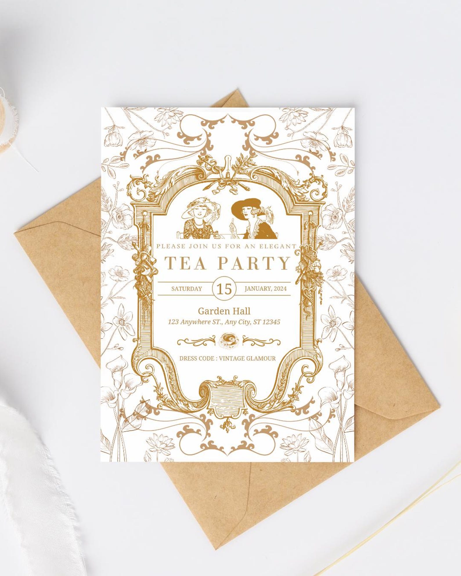 Elegant Vintage Tea Party Invitation | Instant Download | Floral ...
