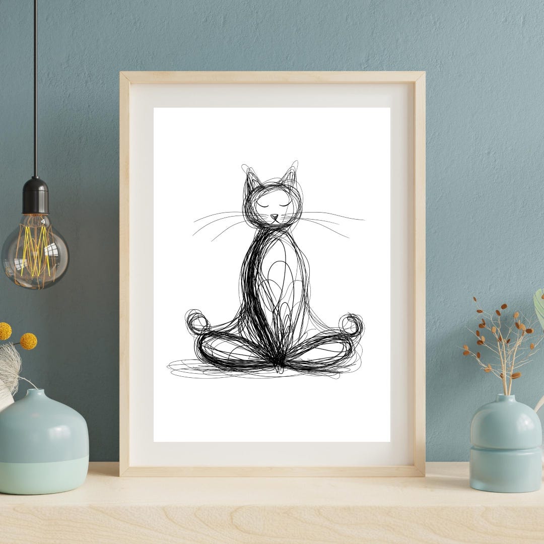 Meditating Cat Scribble Art | Minimalist Zen Cat Wall Art | Pet Yoga ...
