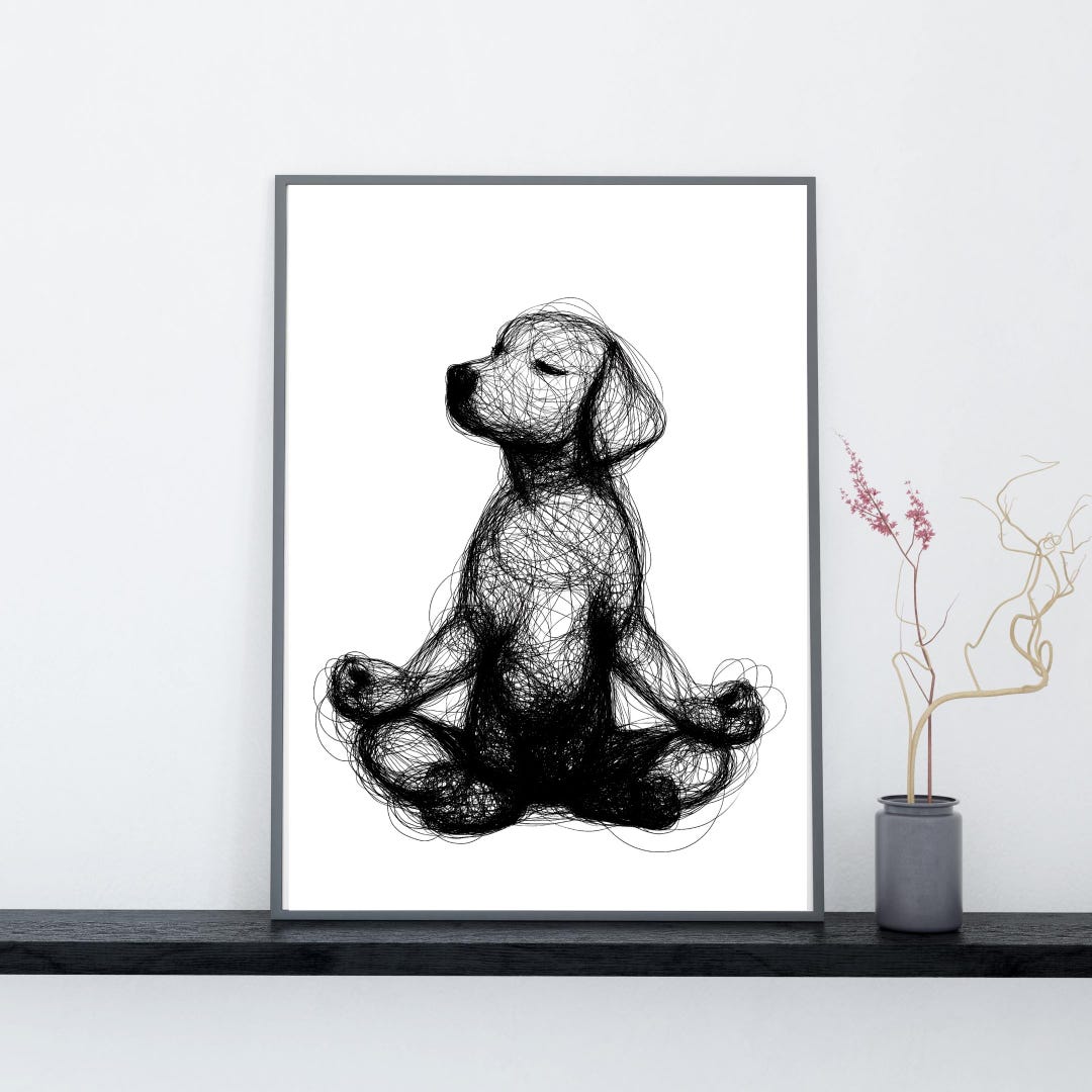 Meditating Dog Scribble Art | Minimalist Zen Dog Wall Art | Black Ink ...