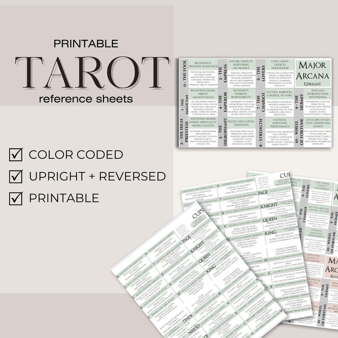 Tarot Cheat Sheets Printable | Upright & Reversed Meanings | Color ...