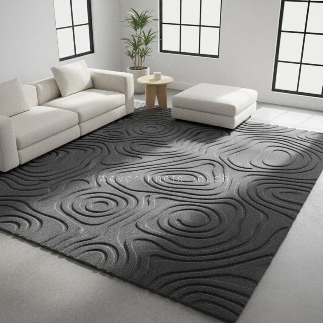 Hand Tufted Topographic Rug Grey Modern Minimal 3D Textured Area Carpet ...