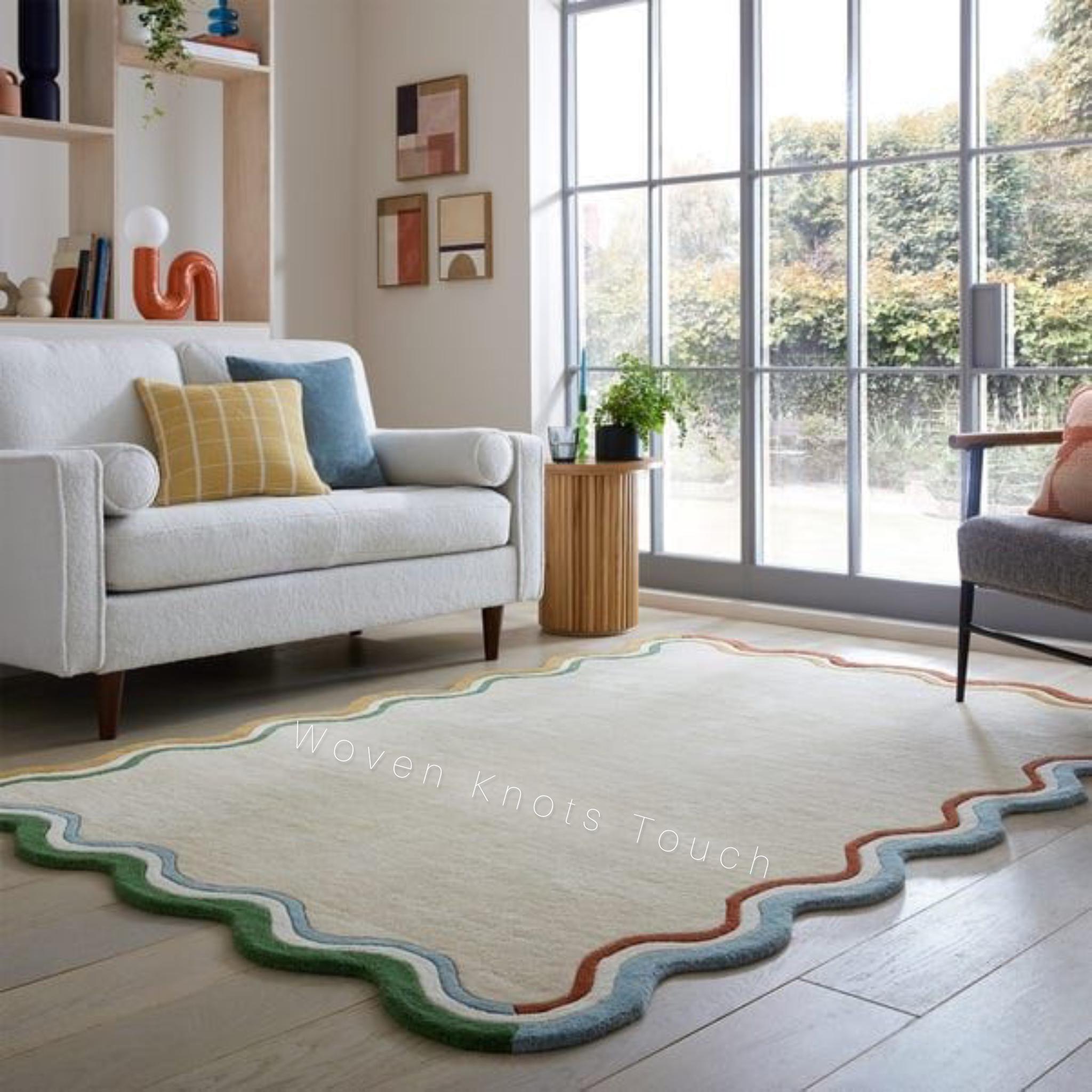 Hand Tufted Cream Wavy Border Rug, Modern Scalloped Wool Carpet ...