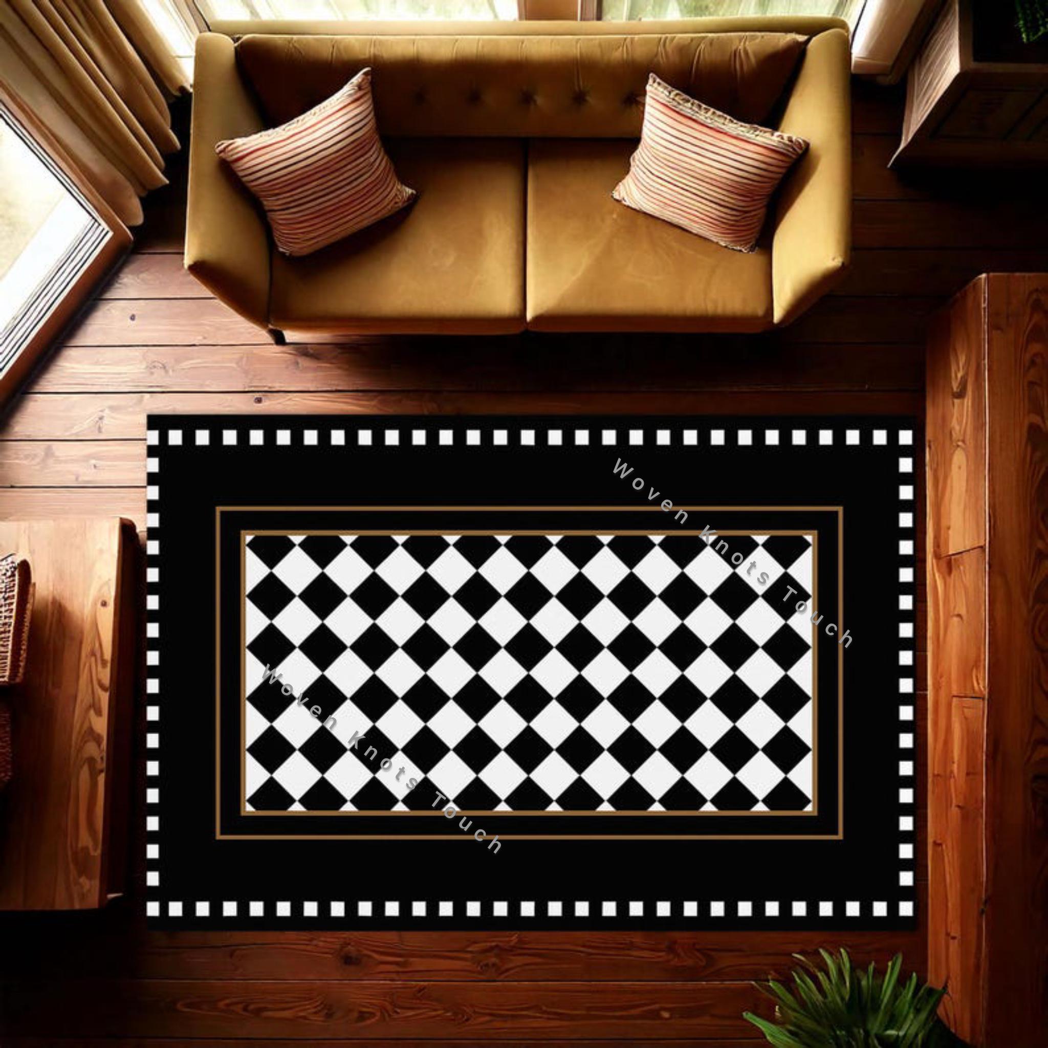 Black White Checkered Rug, Hand Tufted Chess Pattern Carpet, Geometric ...
